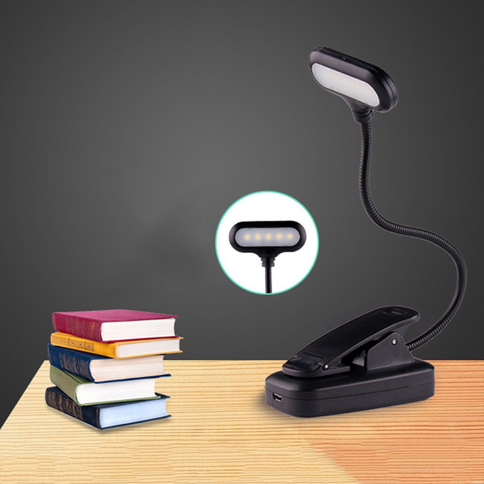 Mini reading lamp. Clip-on and desktop, flexible leg, USB charging ...