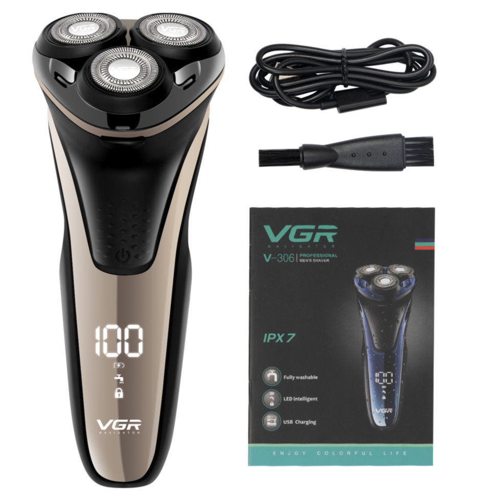 מכונת גילוח חשמלית, נטענת, רחיצה, אטומה למים עם תצוגה דיגיטלית וגוזם טעינת USB VGR V-306 03 ...