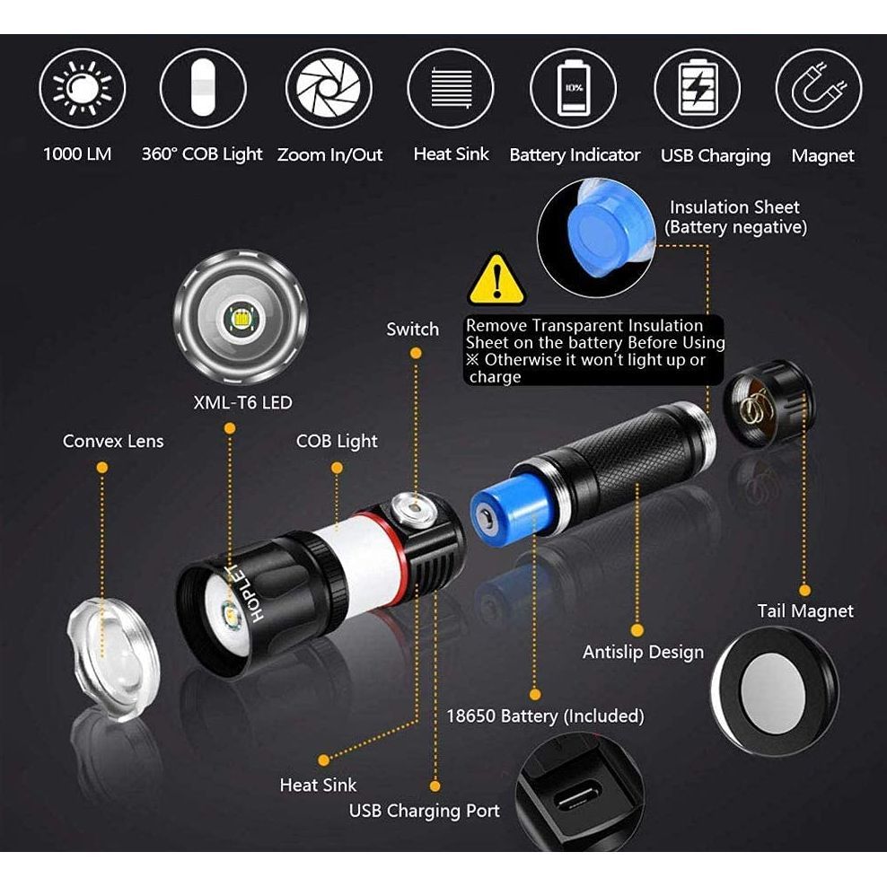 HOPLET פנס מתכת נטענת מקצועית LED עוצמתית עם מצבי פעולה ומגנטים להרכבה ...